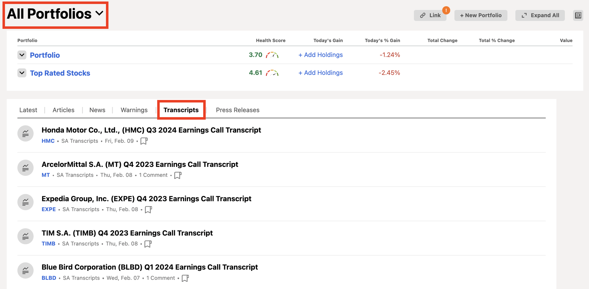 Where Can I Find Transcripts for a Particular Stock?